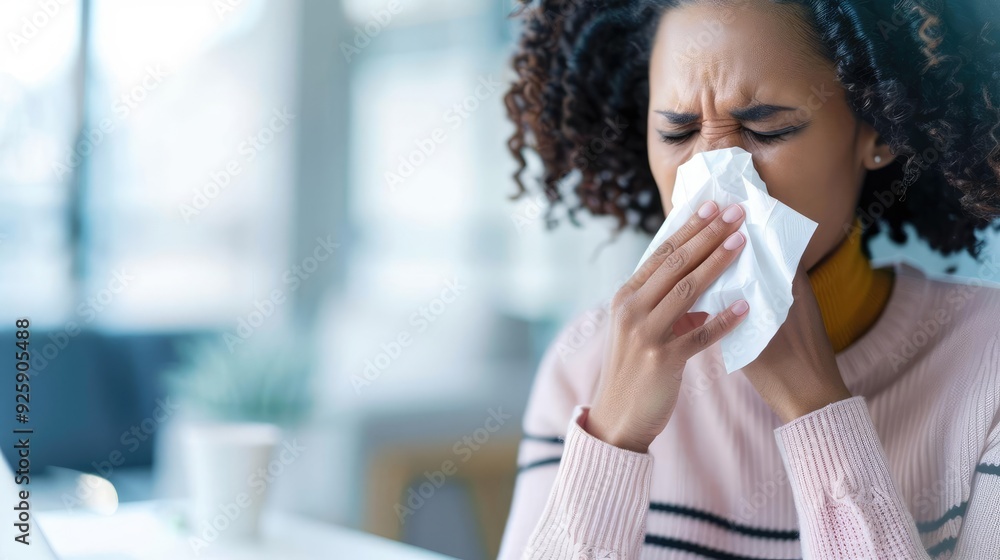 Office worker at their desk, coughing into a tissue, hand on their ...