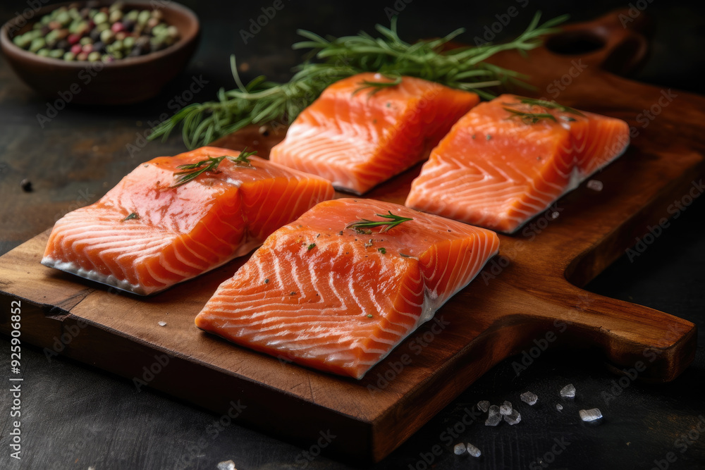 Salmon Fillets Portioned on Ice with Black Background High Resolution ...