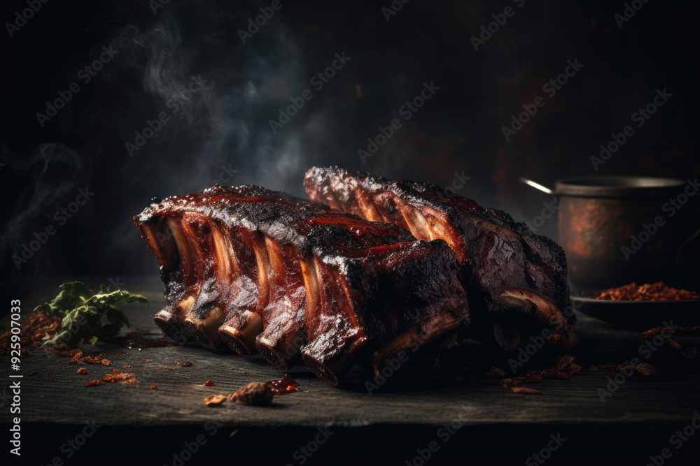 BBQ Ribs with Dark Food Photography Smoky and Fire Flame Background ...