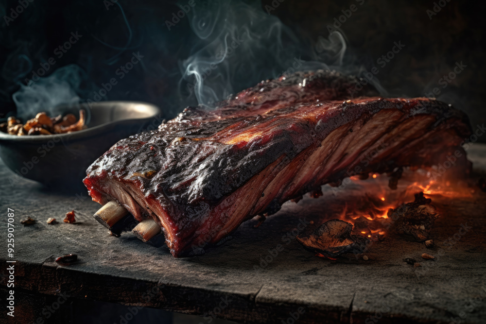 BBQ Ribs with Dark Food Photography Smoky and Fire Flame Background ...