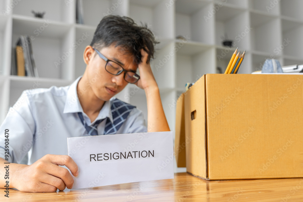 Sad young businessman sitting in his office holding his resignation ...