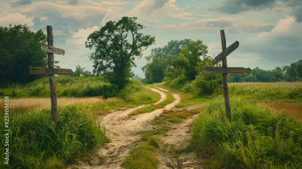 Create an image of a fork in the road at a historic crossroads, with ...