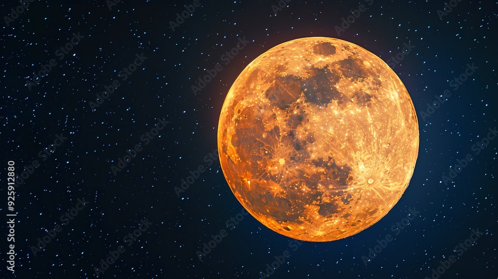 a bright, full moon with an orange hue against a dark night sky filled ...