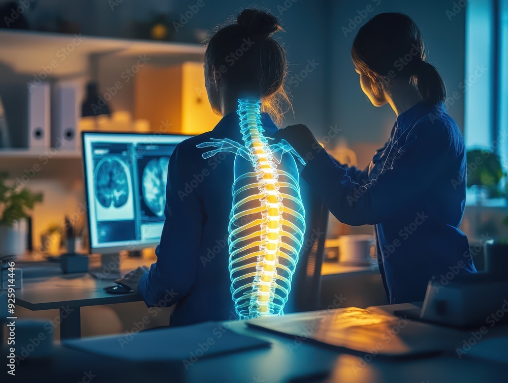 Conceptual image of an office worker s spine illuminated, with a therapist adjusting ergonomic ...