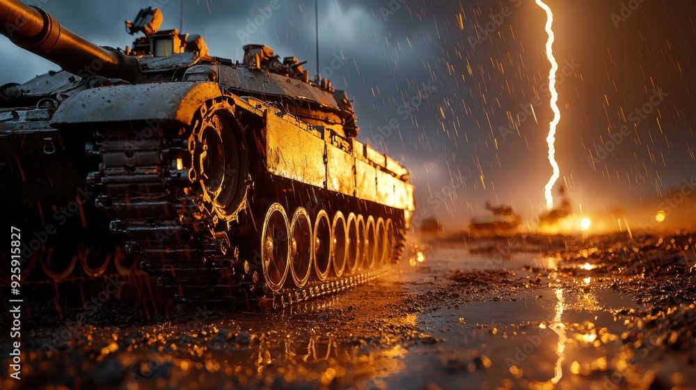 A realistic close-up of a military tank on a battlefield with a ...