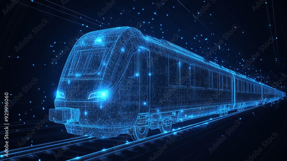 Abstract polygonal 3d wireframe of modern train at railway station or ...