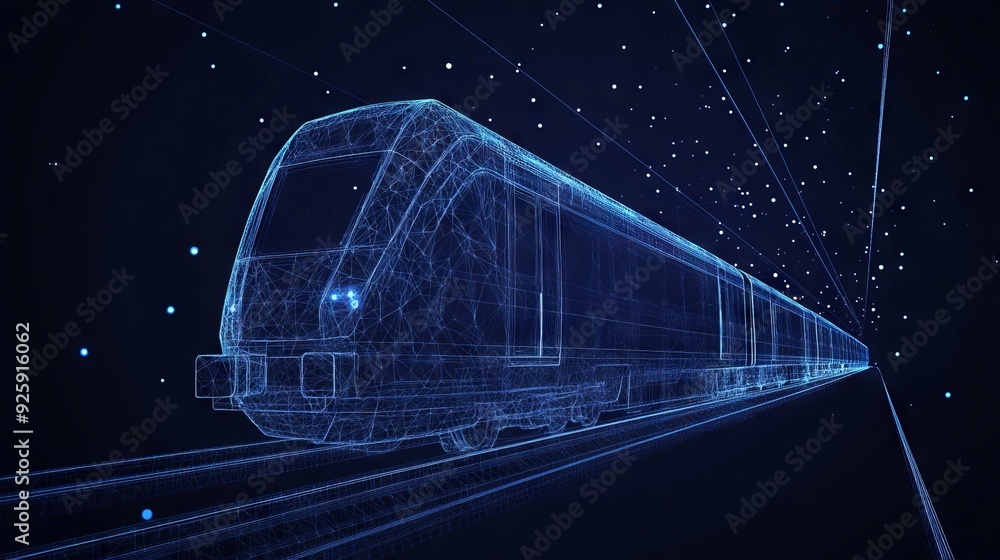 Abstract polygonal 3d wireframe of modern train at railway station or ...