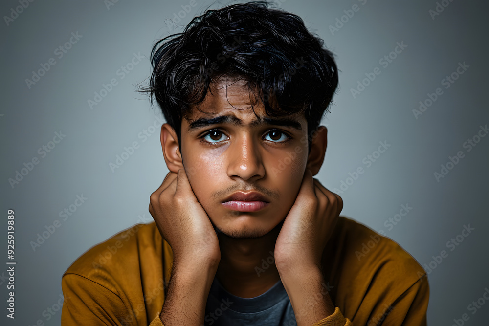Upset depressed misunderstood stressed sad Indian teenager on studio ...