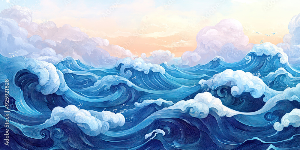 Ocean waves art background illustration, blue water sea pattern artwork ...