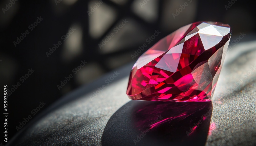 A vibrant red ruby gem captured in an ultra-close shot, its facets ...