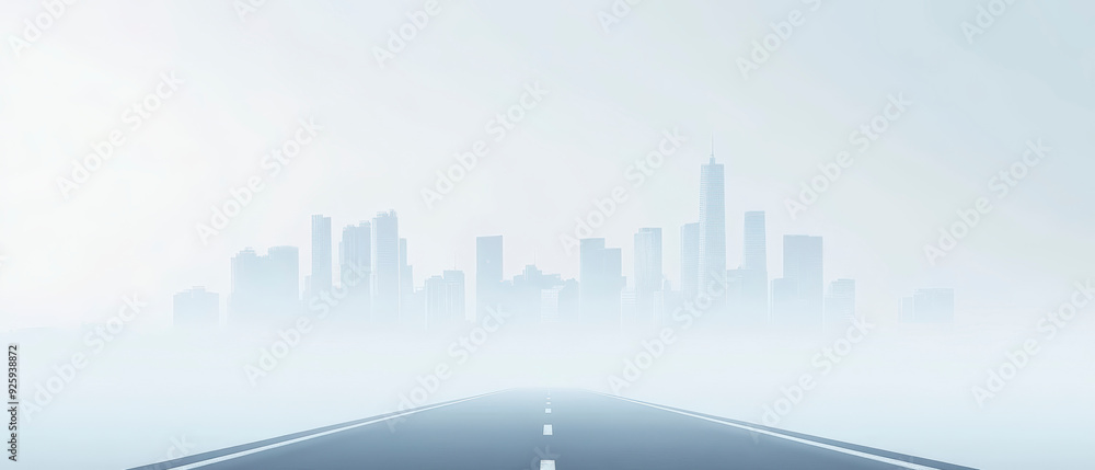 Long, straight asphalt road leading towards a distant city skyline in ...