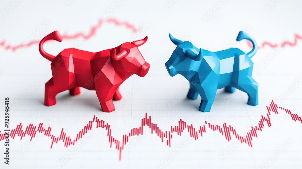 Stock market analysis, bull and bear symbols with fluctuating graphs ...
