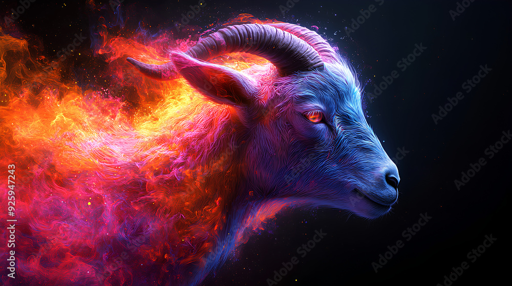 goat, the head of a goat in a multi-colored flame. Abstract ...