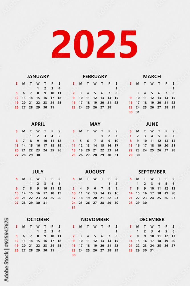 Classic white and red monthly calendar for 2025 in vertical format ...