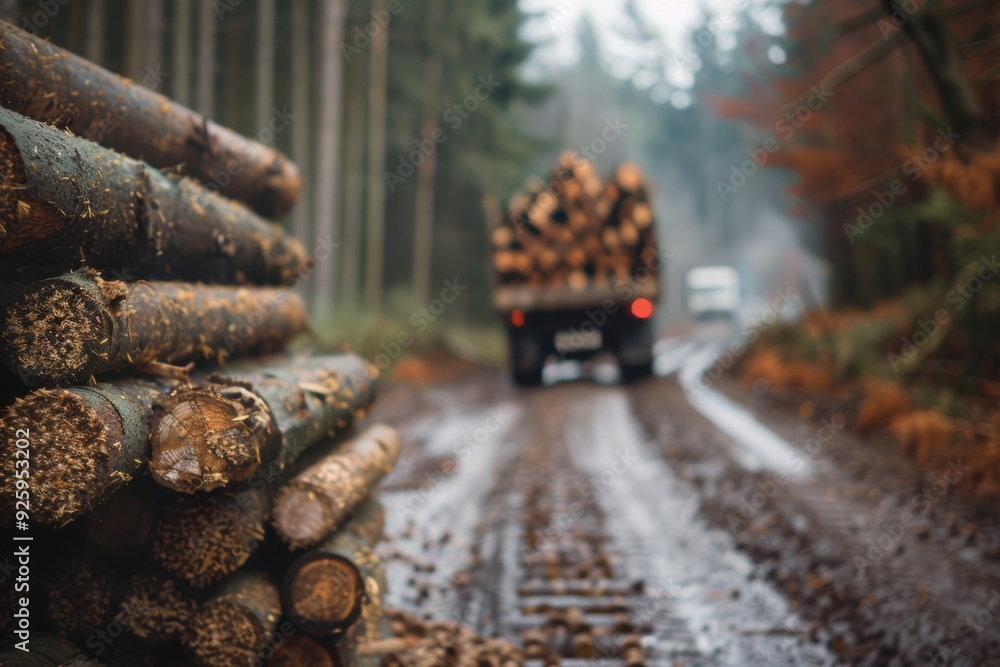 Timber transport truck hauling logs from forest, wooden pellets stacked ...