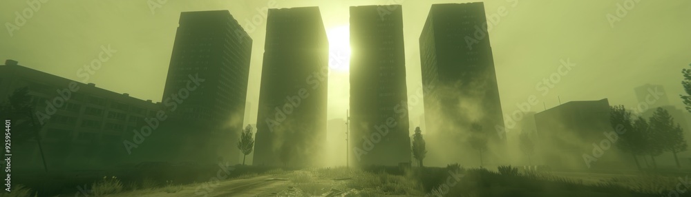 Ethereal green mist envelops tall buildings under a bright sun ...