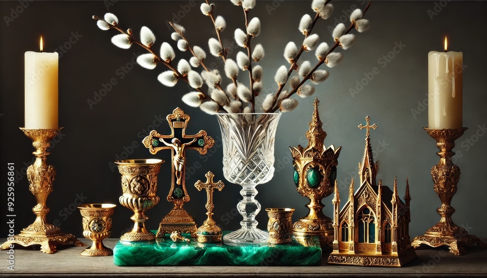 Luxurious religious still life with golden crosses, chalices, and ...