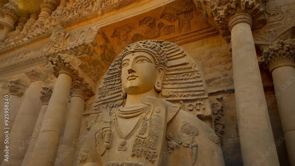 Egyptian mythology concept. Carved pharaoh face on temple wall with ...