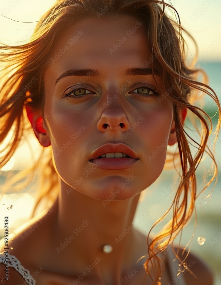Beautiful portrait of female model inside the water at the beach Stock ...