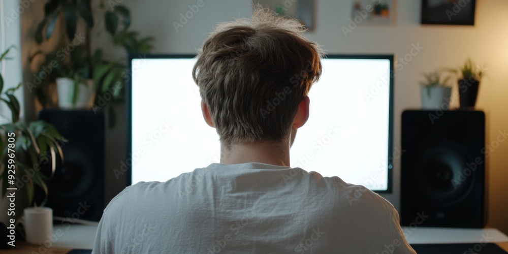 Foto de Young Professional Working from Home: Over-the-Shoulder View of ...