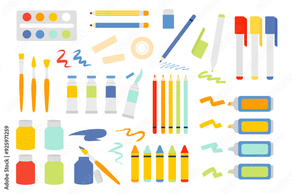 Cartoon flat style drawing art supplies. Painting tools. Colored ...