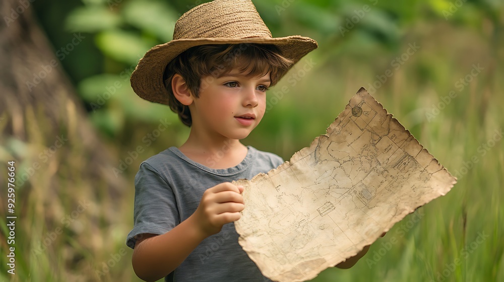 A young boy in a straw hat looks intently at a tattered, old map in the ...