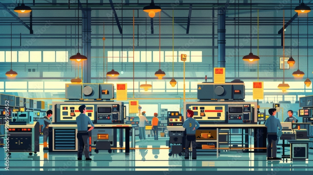 Cartoon vector illustration of a factory floor with workers ...