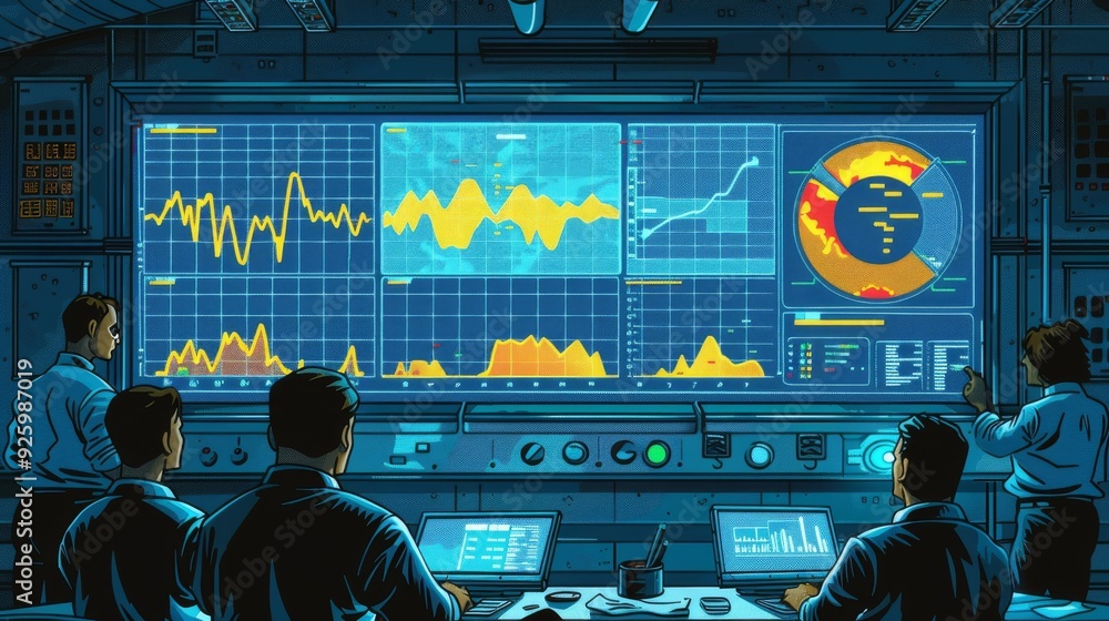 Colorful cartoon vector showing a team analyzing data on a large screen ...