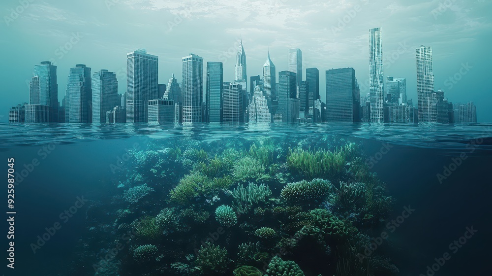 A submerged city skyline with a vibrant coral reef below symbolizing ...