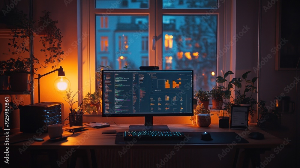 Cozy workspace at night featuring a computer screen with coding and data visualizations. The ...