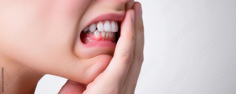 A close-up of a person s face contorted in pain, with a hand pressing ...