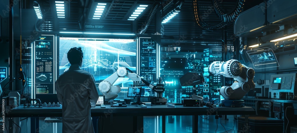 Robotics Engineer Optimizing Assembly Line Efficiency in High-Tech Factory - Industrial ...