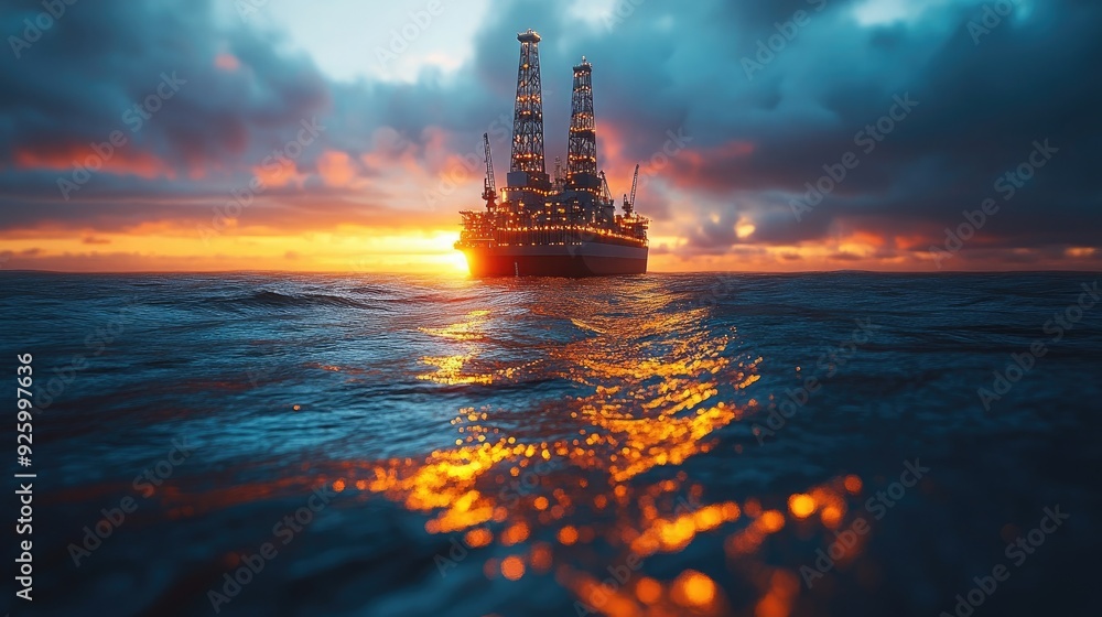 Offshore Rigs, Stock Chart, and Oil Barrels at Sunset Representing the ...