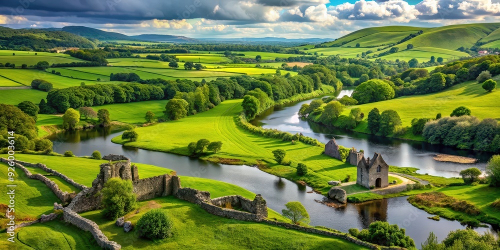 Lush green Irish countryside with ancient ruins and meandering river ...