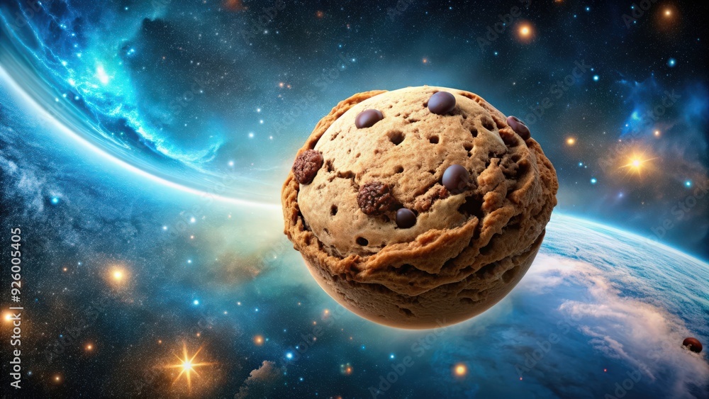 Ice cream planet with cookie crust orbiting through galaxy of chocolate ...