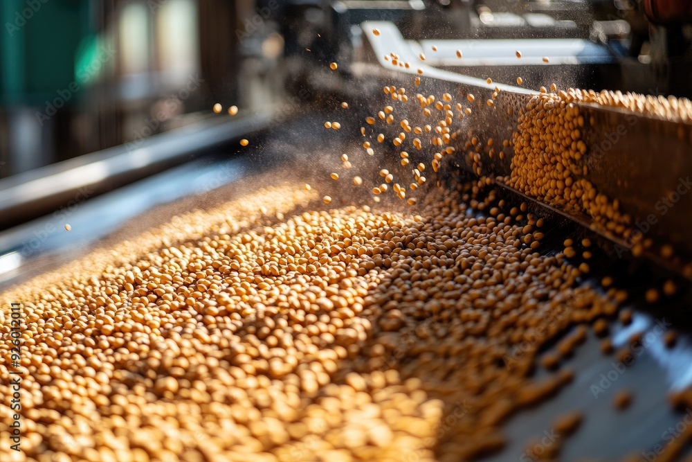 Soybeans flowing on a conveyor belt. This photo illustrates the process ...