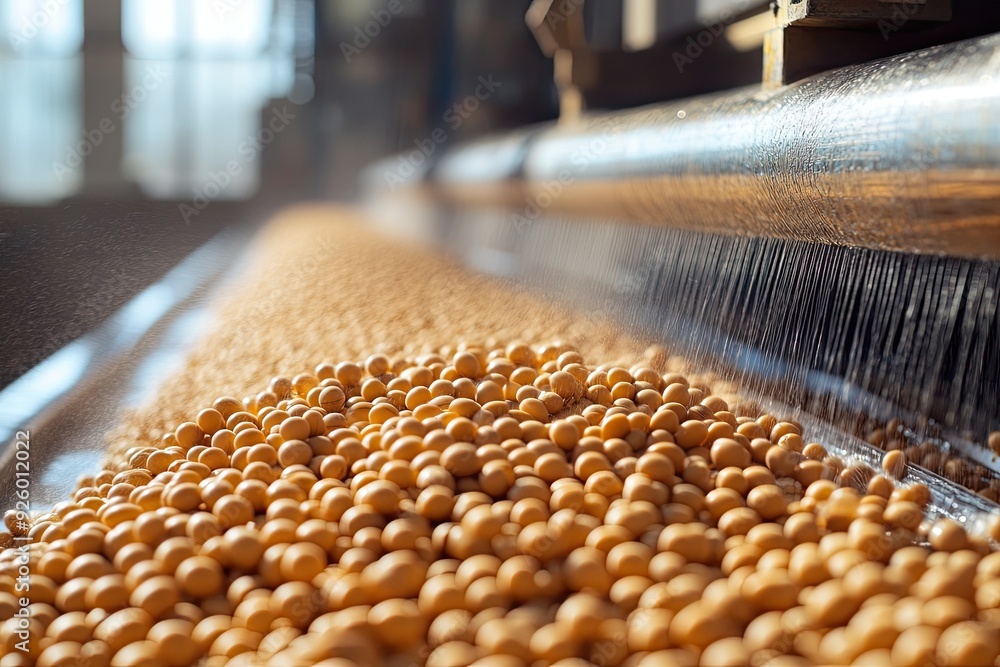 Soybeans flowing on conveyor belt. Photo depicts the industrial process ...