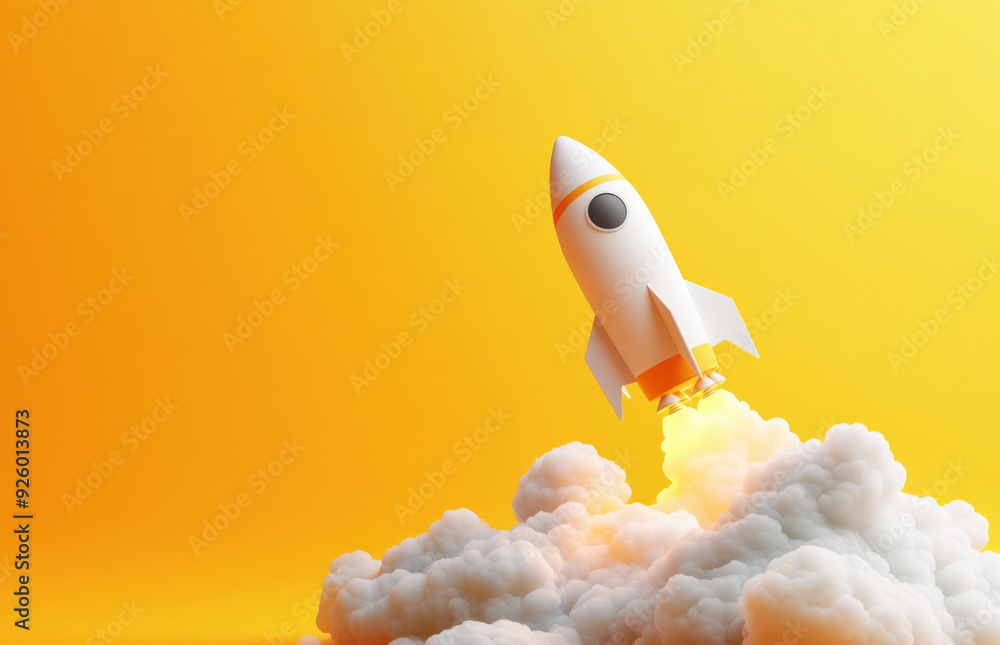 3D rendering of a white and yellow rocket taking off from clouds on an ...