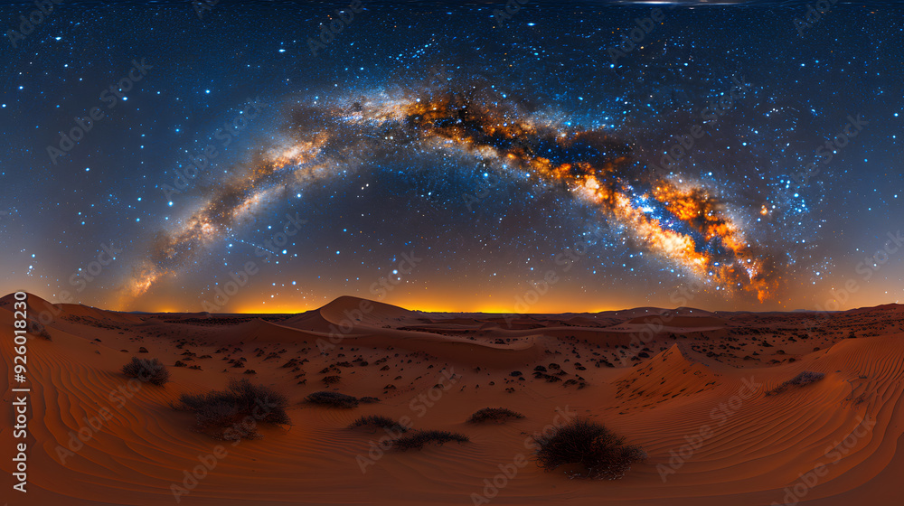 The Milky Way galaxy rises over the sand dunes of the Sahara desert at ...