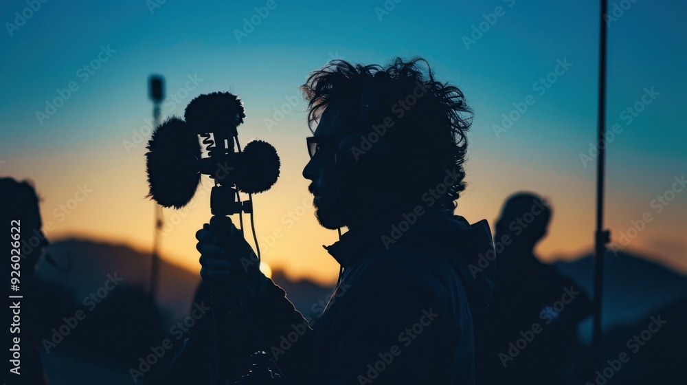 Silhouette of a boom operator holding a microphone over actors ...