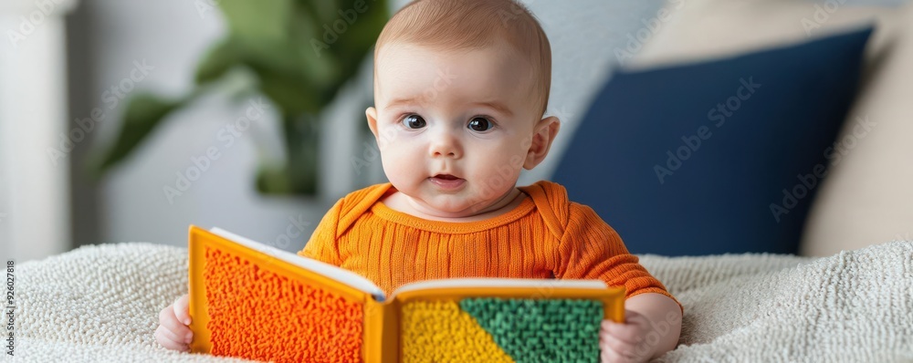 A detailed shot of an infant exploring a textured book with their hands ...