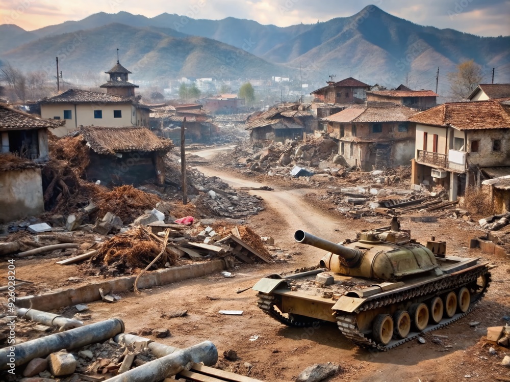 War-torn landscape: a destroyed Korean village, with a tank, debris ...