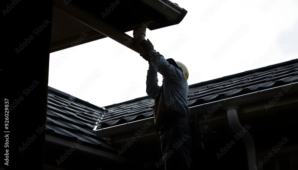 During installation of rain gutters on roofs, worker is fitting ...