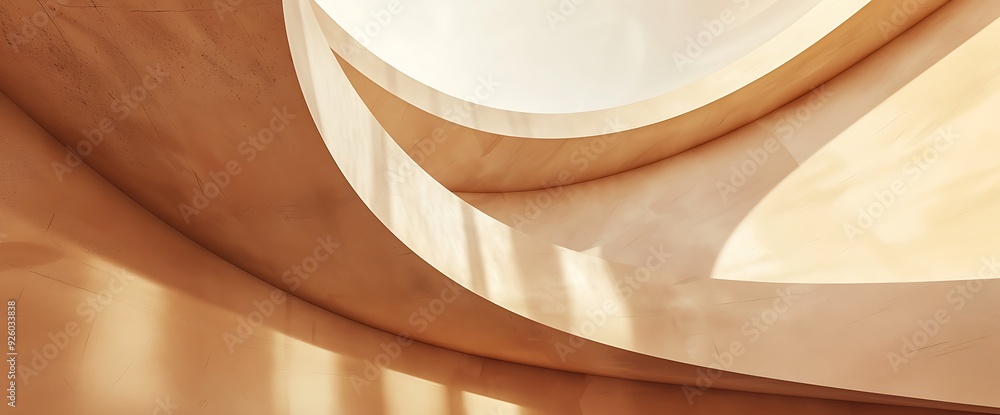 Abstract curved ceiling design with sun rays and shadows, in a modern ...