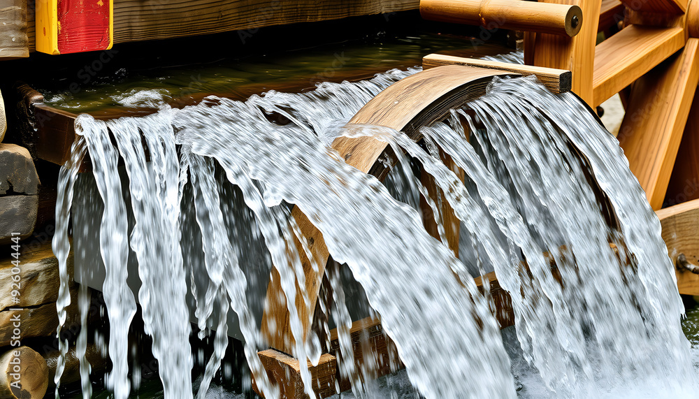 Water cascades from sluice flume rotating wooden water wheel isolated ...