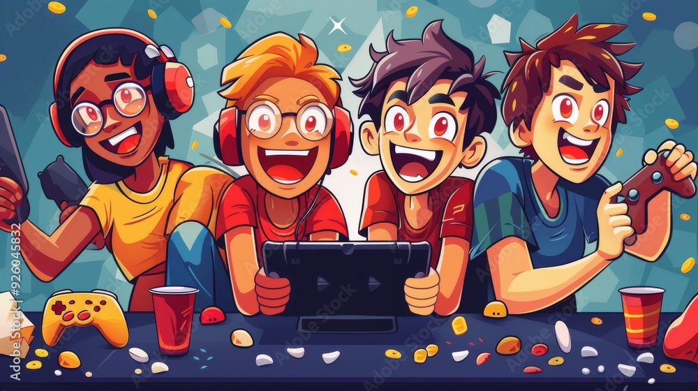 Cartoon Vector Excited cartoon characters competing in a multiplayer ...