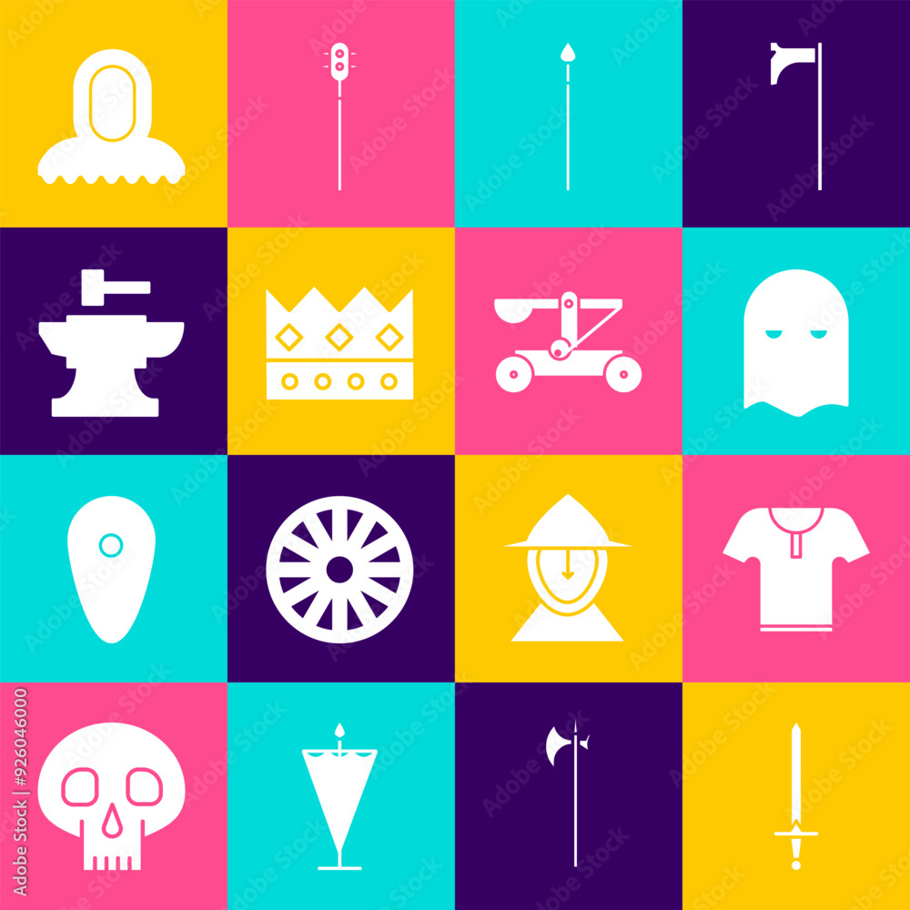 Set Medieval sword, Body armor, Executioner mask, spear, King crown ...