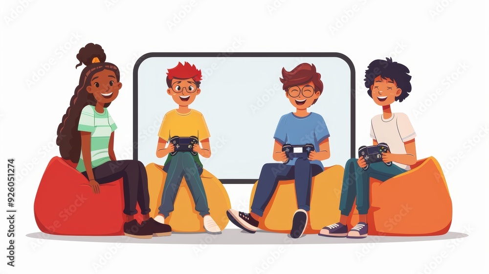 Cartoon Vector Animated teenagers sitting on bean bags ...