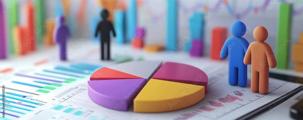 Colorful data visualization with pie chart and figures representing ...