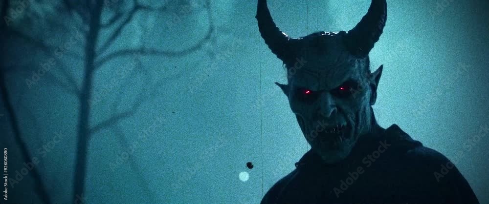 Spooky Halloween demon with glowing eyes on creepy grey background with ...